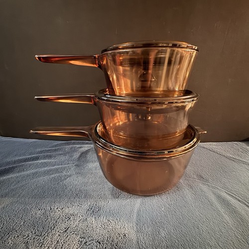 3 Corning Pyrex Vision Amber Cookware 1, 1.5 & 2.5 Liter Saucepan Pots ...