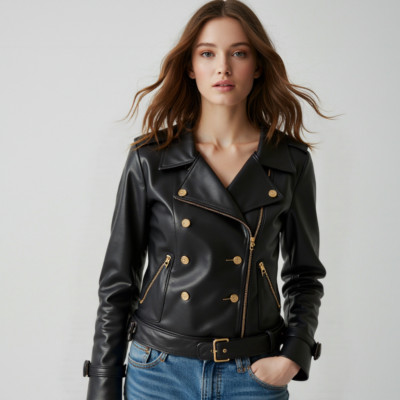 Black Buttoned Leather Jacket for Women with Long Sleeves – Regular Fit ...