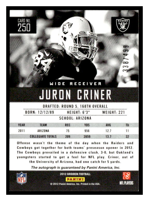 Juron Criner Panini 2012 Panini Gridiron AU,SN Rookie Autographs X's ...