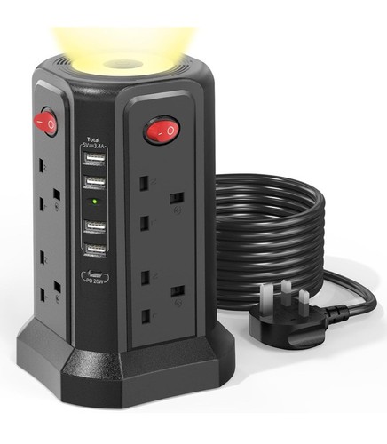Tower Extension Lead with USB Slots 3M, 1 Type C 3 USB Ports and 8 Way ...