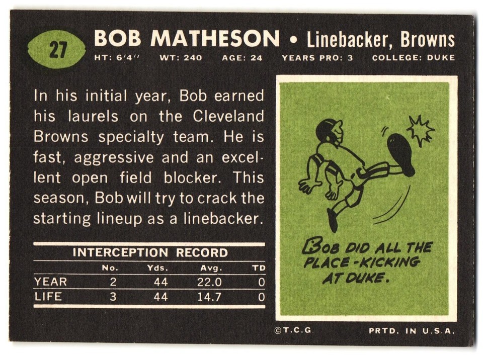 Bob Matheson 1969 Topps NFL Card #27 NM-A | eBay