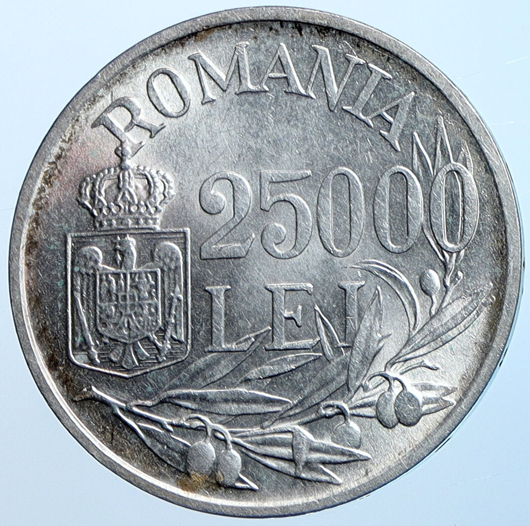 1946 ROMANIA King Michael I Shield OLD Silver 25000 Lei Romanian Coin ...