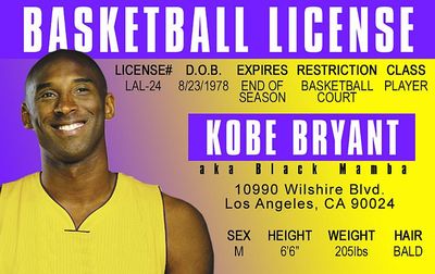Kobe Bryant of the Los Angeles LAKERS Plastic card Drivers License ...