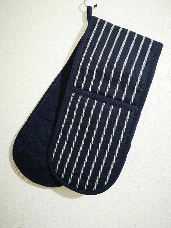 Navy Blue Butcher Stripe Double Oven Glove 100% Cotton Insulated ...