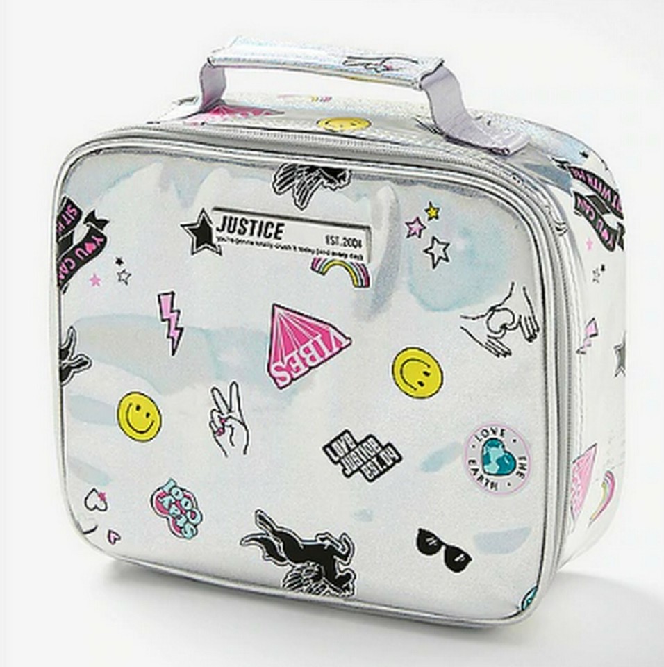 NEW Justice holo sticker lunch box tote, emoji, patch | eBay