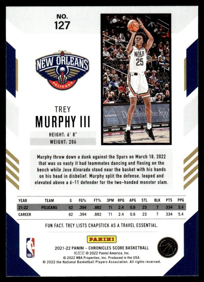 2021-22 Score Basketball Card Trey Murphy III New Orleans Pelicans #127 ...