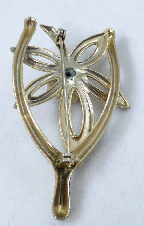 Lucky Wishbone Flower Brooch Pin Gold Tone Metal Layered Vintage Unique ...