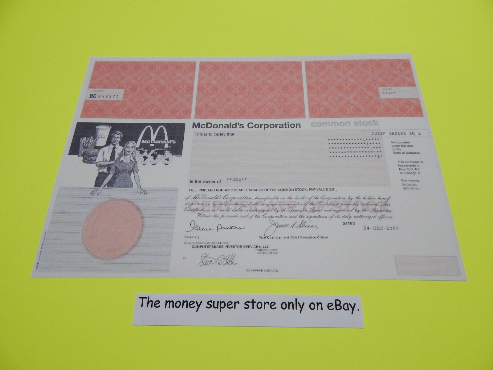 McDonald's stock certificate COPY of original document item #731. | eBay