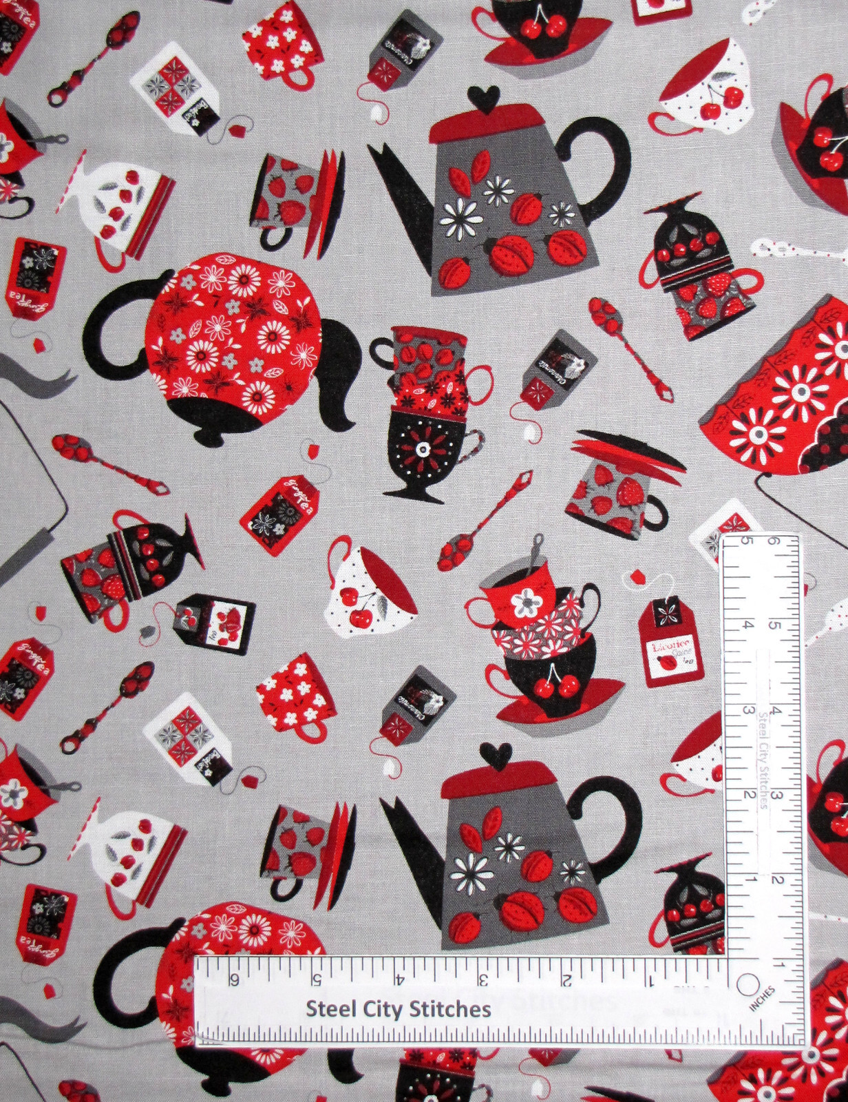 Tea Pot Cup Spoon Toss Gray Fabric Cotton Let's Partea by Blank ...