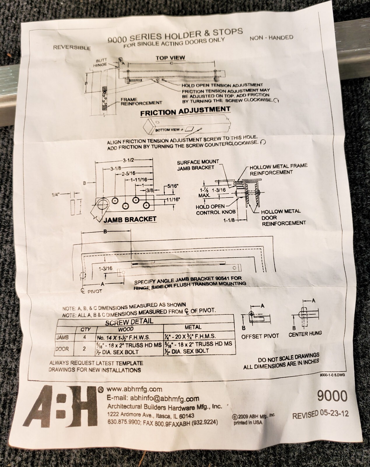 ABH 9000 Series 9017 Surface Mount Overhead Stop & Holder US32D Satin ...