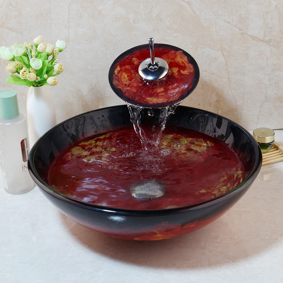 US Tempered Glass Bathroom Vanity Basin Bowl Vessel Sinks Waterfall ...