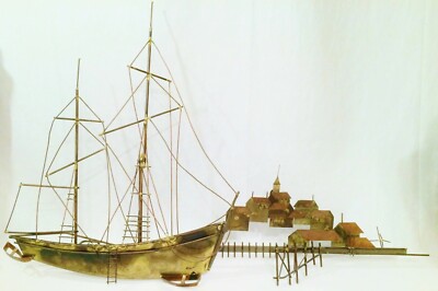 1960's Vtg C Jere Ship Schooner Village Town Harbor Metal Wall Art ...