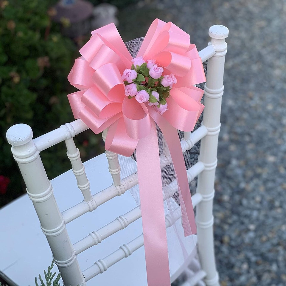 Rose Petal Pink Pull Bows with Tulle Tails and & Rosebuds - 8" Wide ...