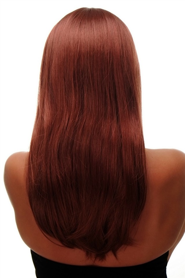 Perücke Rot Kupferrot lang glatt Scheitel Mittelscheitel streng 60 cm ...