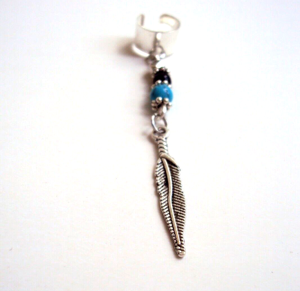 Turquoise Ear Cuff Earring Silver Feather Cartilage Wrap Native ...