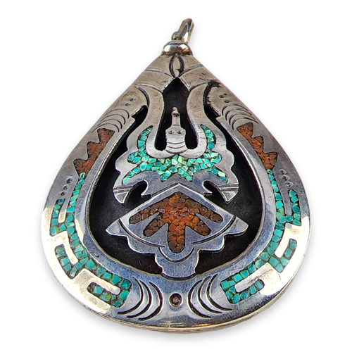 Reversable Silver Pendant Turquoise Coral Chip Inlay Traditional Navajo ...