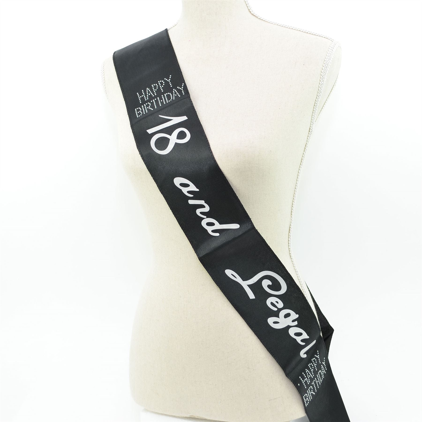 18 Happy Birthday Sash Black/Silver Diamante Party Gifts Banners ...