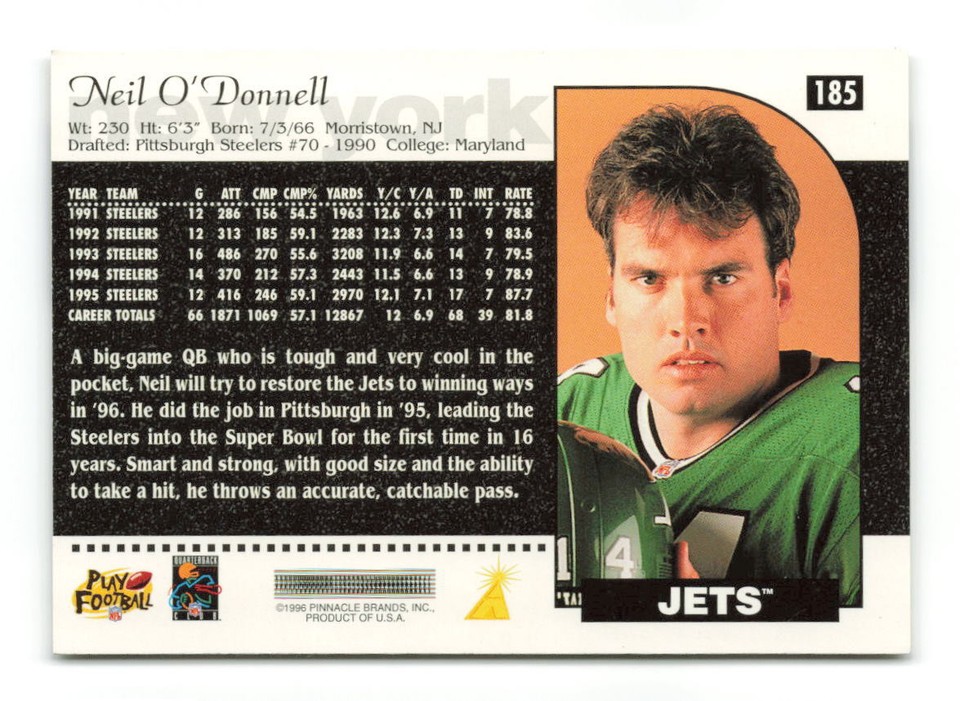 1996 Score Neil O'Donnell #185 New York Jets Football Card | eBay