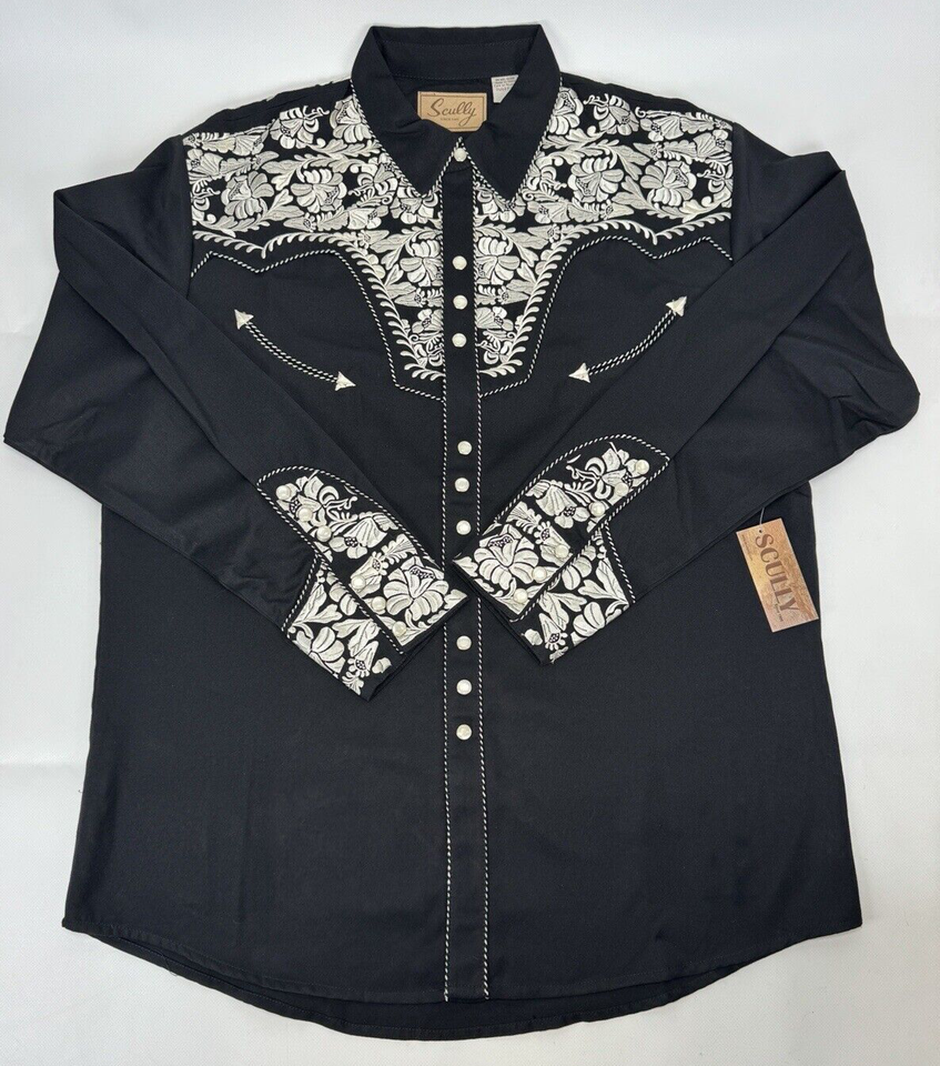 Scully Gunfighter Western Shirt Mens L Silver on Black Pearl Snap Smile ...