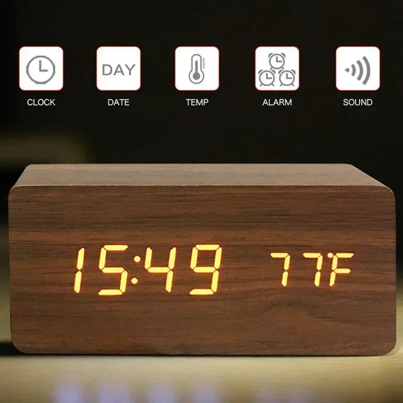 Wooden Digital Alarm Clock, LED Alarm Clock with Temperature Desk ...