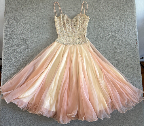 Vintage 50s Sheer Print Princess Dress Sz XS Prom Tulle Petticoat ...