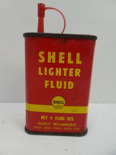VINTAGE SHELL LIGHTER FLUID 4 OZ TIN GARAGE PETROL SERVICE STATION SIGN ...