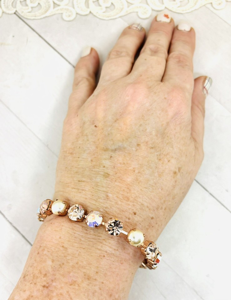 Pink Rose Gold Plated Creamy Pearl and Crystal AB Cup Chain Bracelet | eBay