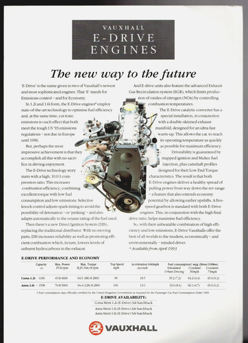 Vauxhall E-Drive Engines 1993 UK Market Single Sheet Sales Brochure ...