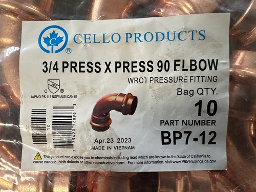 Cello Products BP7-12 (3/4” Press X Press 90 Elbow), Unopened Bag Of 10 ...