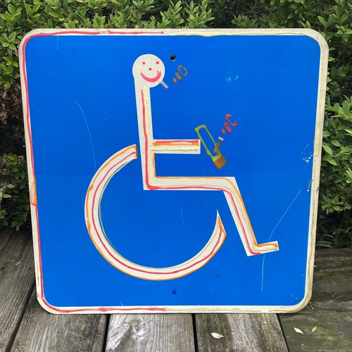 Vintage Metal Handicap Sign 18x18 Urban Folk Art PAINT GLOWS UNDER UV ...