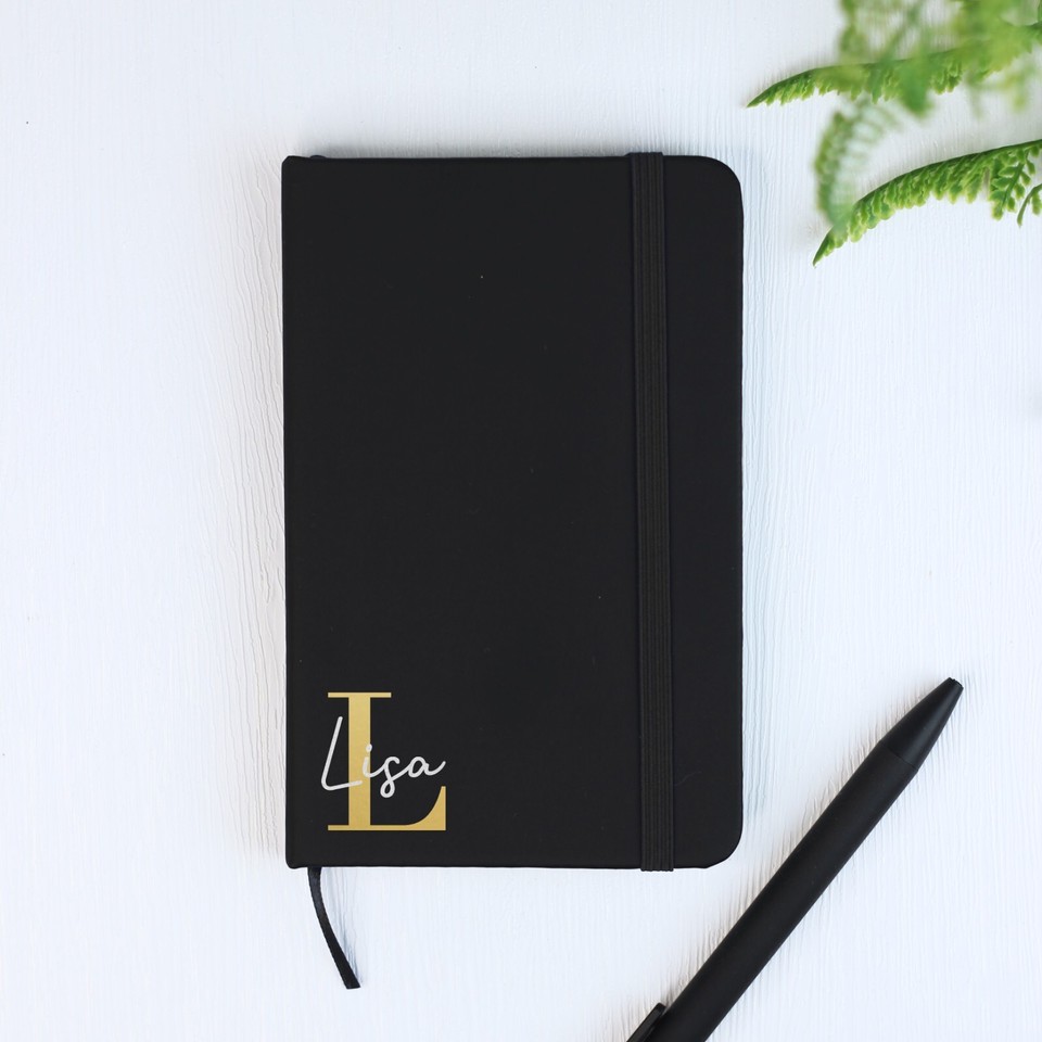 Personalised A6 Lined Hardback Monogram Notebook Black Initial & Name ...