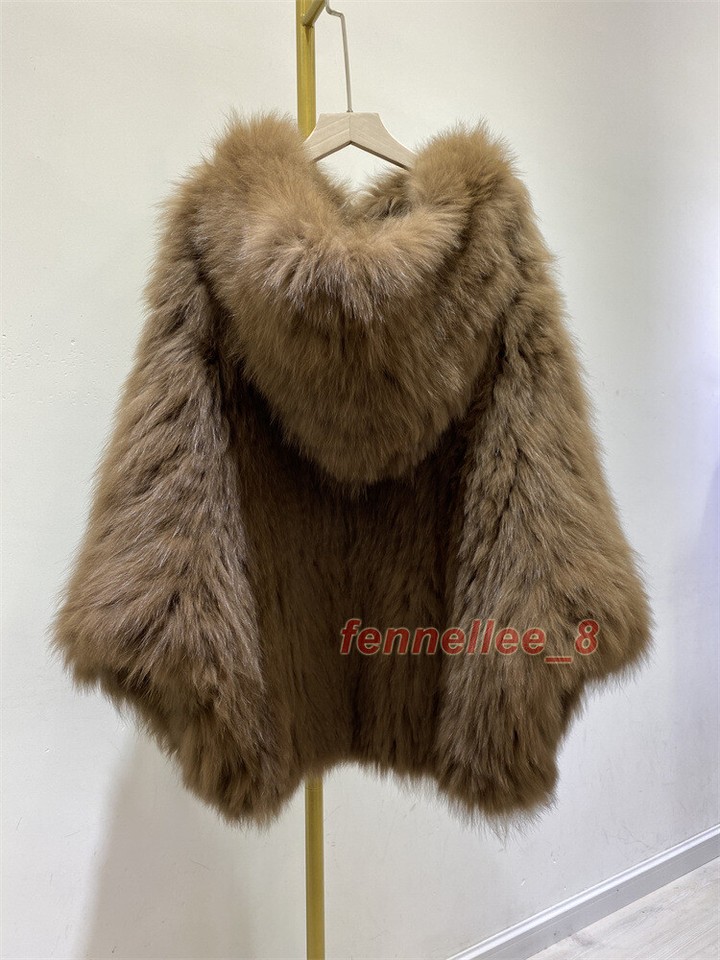 Womens 100% Real Fox Fur Weave Coat Bat Sleeve Hooded Jacket Warm ...