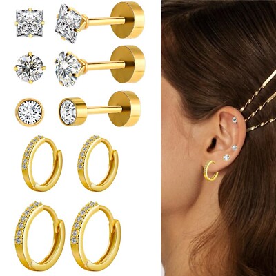Flat Back Studs Titanium Push-Back Stud Earrings With Cubic Zirconia ...