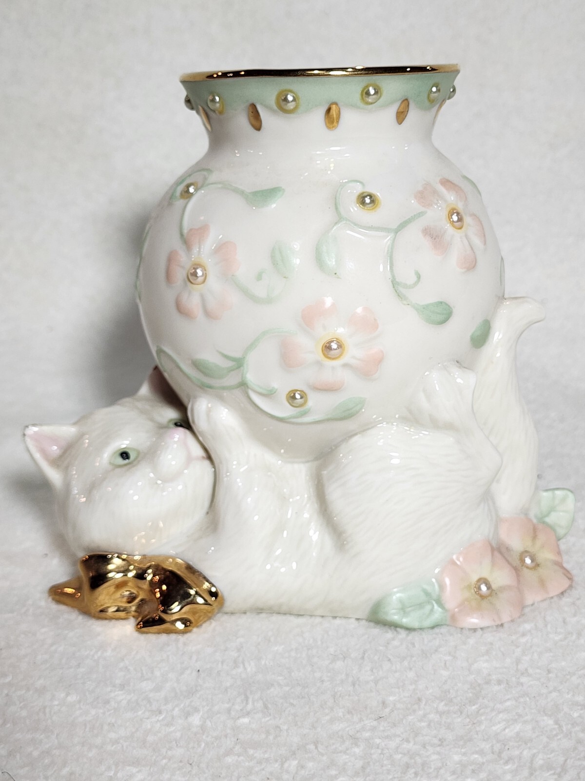 Lenox Cat Kitten Petals & Pearls Bud Vase Gold Trim Planter Figurine ...