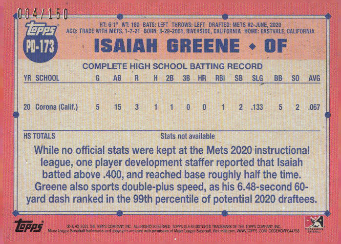 2021 Topps Pro Debut #PD-173 Isaiah Greene Blue #/150 | eBay