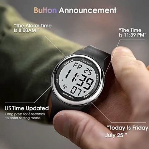 Atomic Talking Watch for Blind, Visually impaired, All Black Hearkent ...