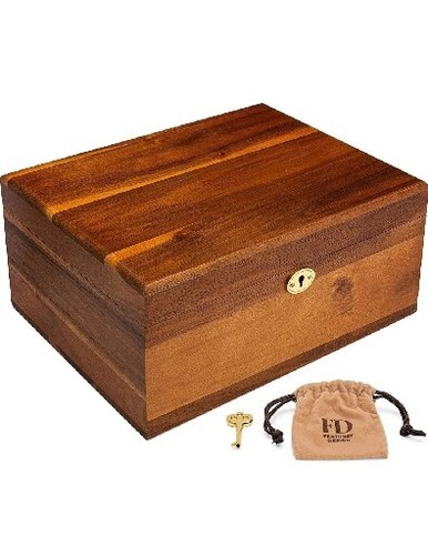 Wooden Storage Box with Hinged Lid and Locking Key - Large Premium w ...