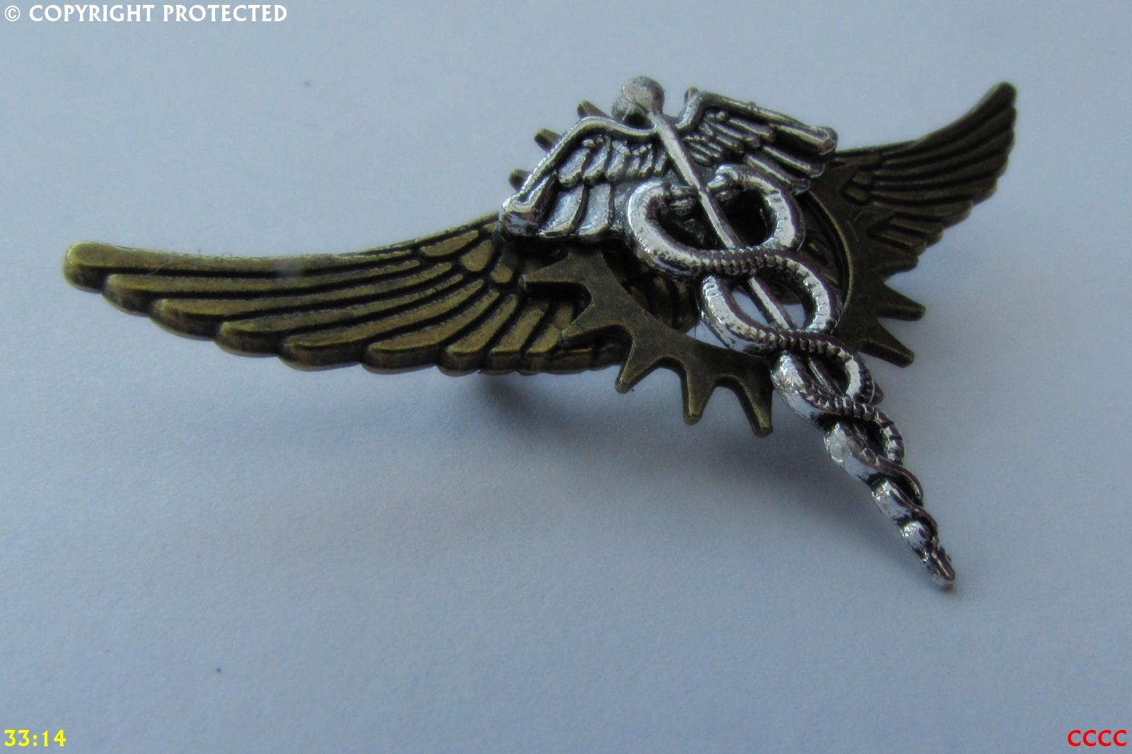 steampunk goth brooch badge cog flying wings caduceus Rod of Hermes ...