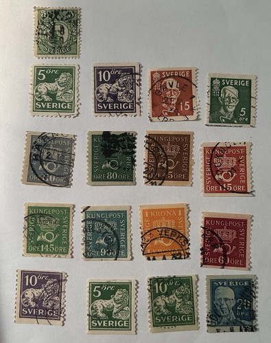 Lot of 17 Vintage Assorted Sweden Sverige STAMPS POSTED Handstamped, NH ...