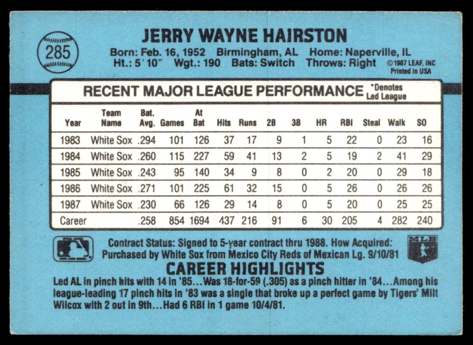 1988 Donruss Jerry Hairston Chicago White Sox #285 | eBay