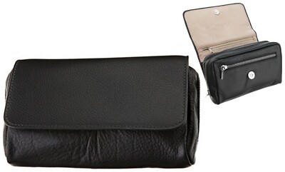 ANGELO BLACK LEATHER 2 PIPE BAG CASE w. TOBACCO POUCH & ACCESSORIES ...