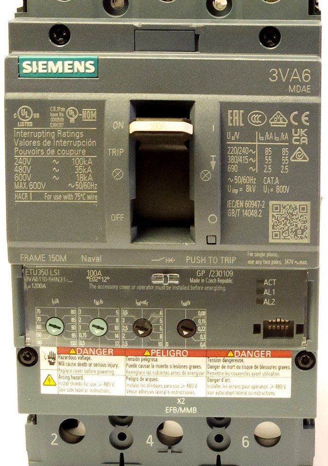 SIEMENS 3VA6110 5HN31 0AA0 3 Pole 100 AMP 3VA6 MDAE NAVAL Breaker ...