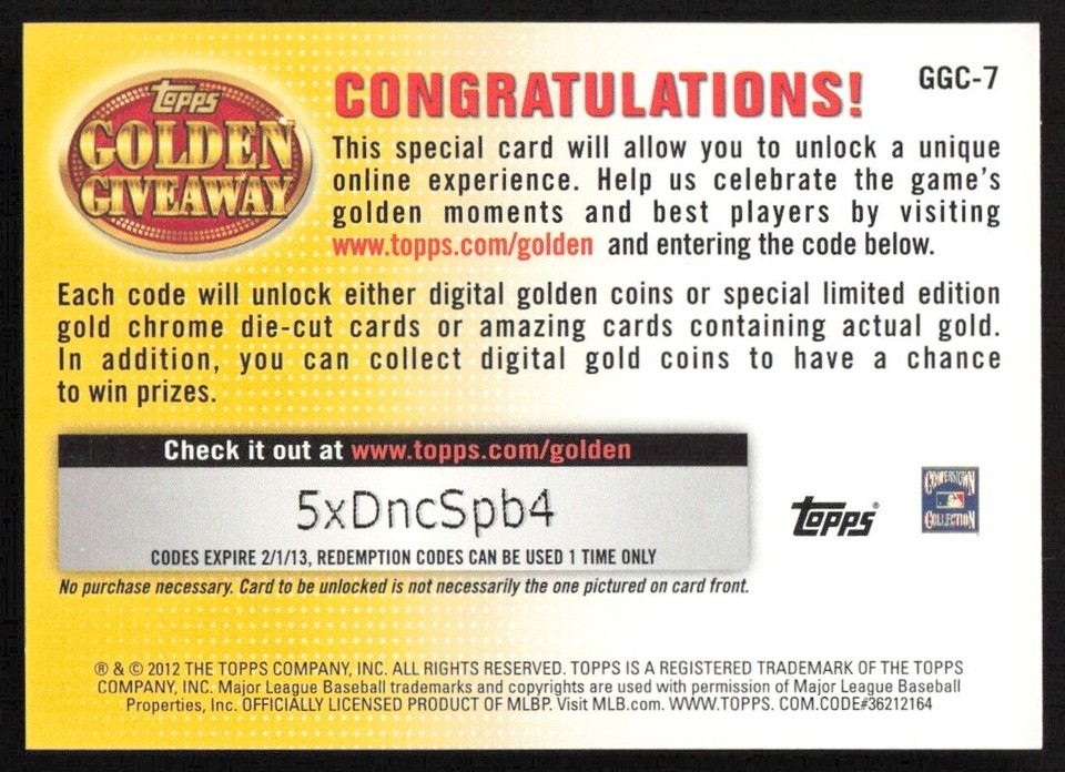 2012 Topps Golden Giveaway Code Cards Willie Mays #GGC-7 San Francisco ...
