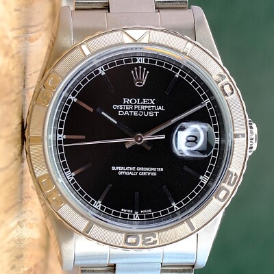 ROLEX DATEJUST MENS BLACK INDEX TURN-O-GRAPH OYSTER WATCH 36MM BOX ...