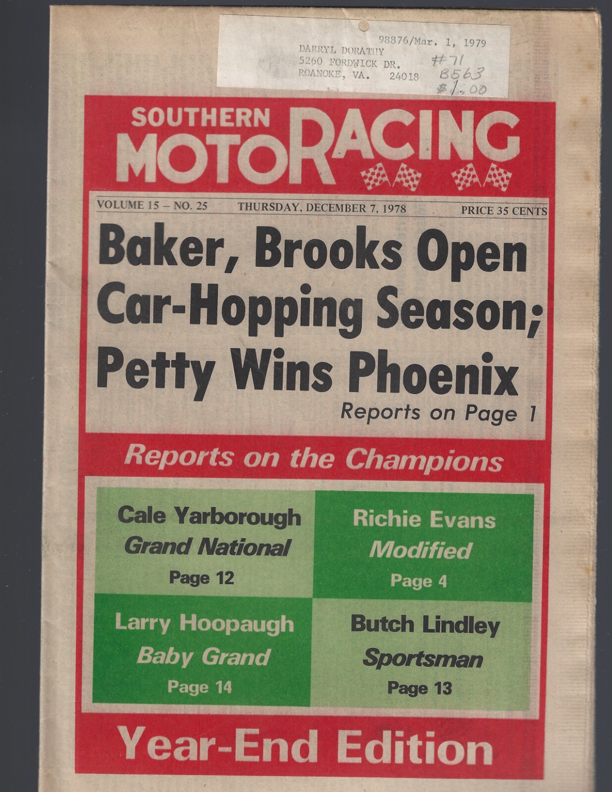 One Southern Motor Racing Newspaper; Thurs December 7, 1978; EXC; | eBay
