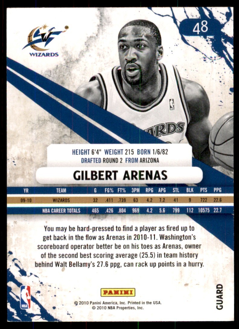 2010-11 Panini Rookies & Stars Gilbert Arenas Washington Wizards #48 ...