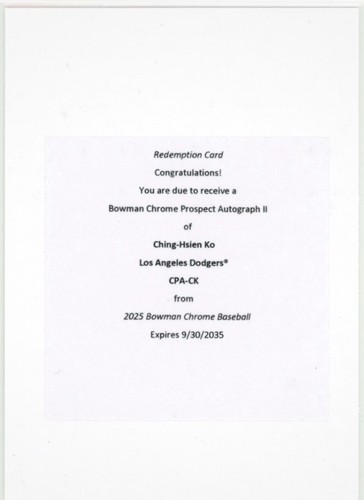 2025 Bowman Chrome Ching-Hsien Ko Auto II Dodgers 1st Redemption CPA-CK ...
