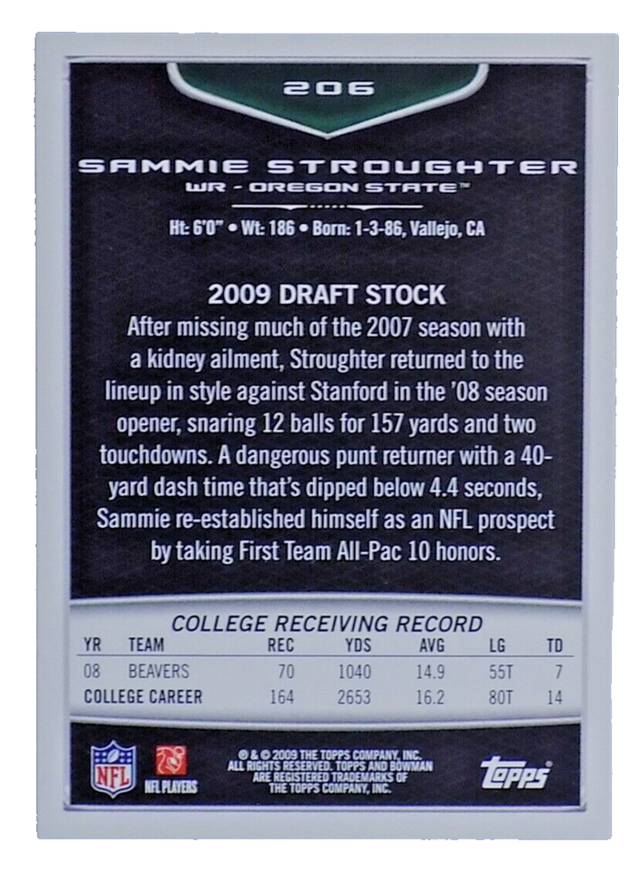 2009 Bowman #206 SAMMIE STROUGHTER RC Rookie Football Card BUCCANEERS ...