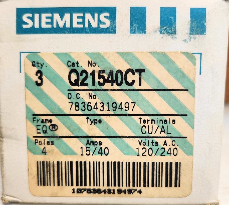 Siemens Q21540CT Circuit Breaker 4P 15-40A Type QT CU/AL 120/240VAC | eBay
