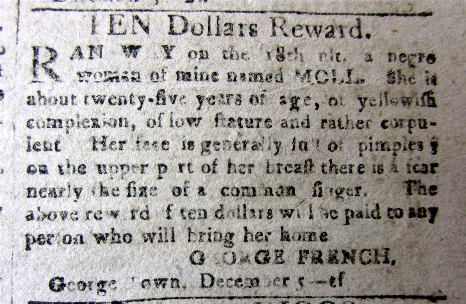 1806 Washington DC newspaper w FEMALE SLAVES SALE ads + RUNAWAY SLAVE ...